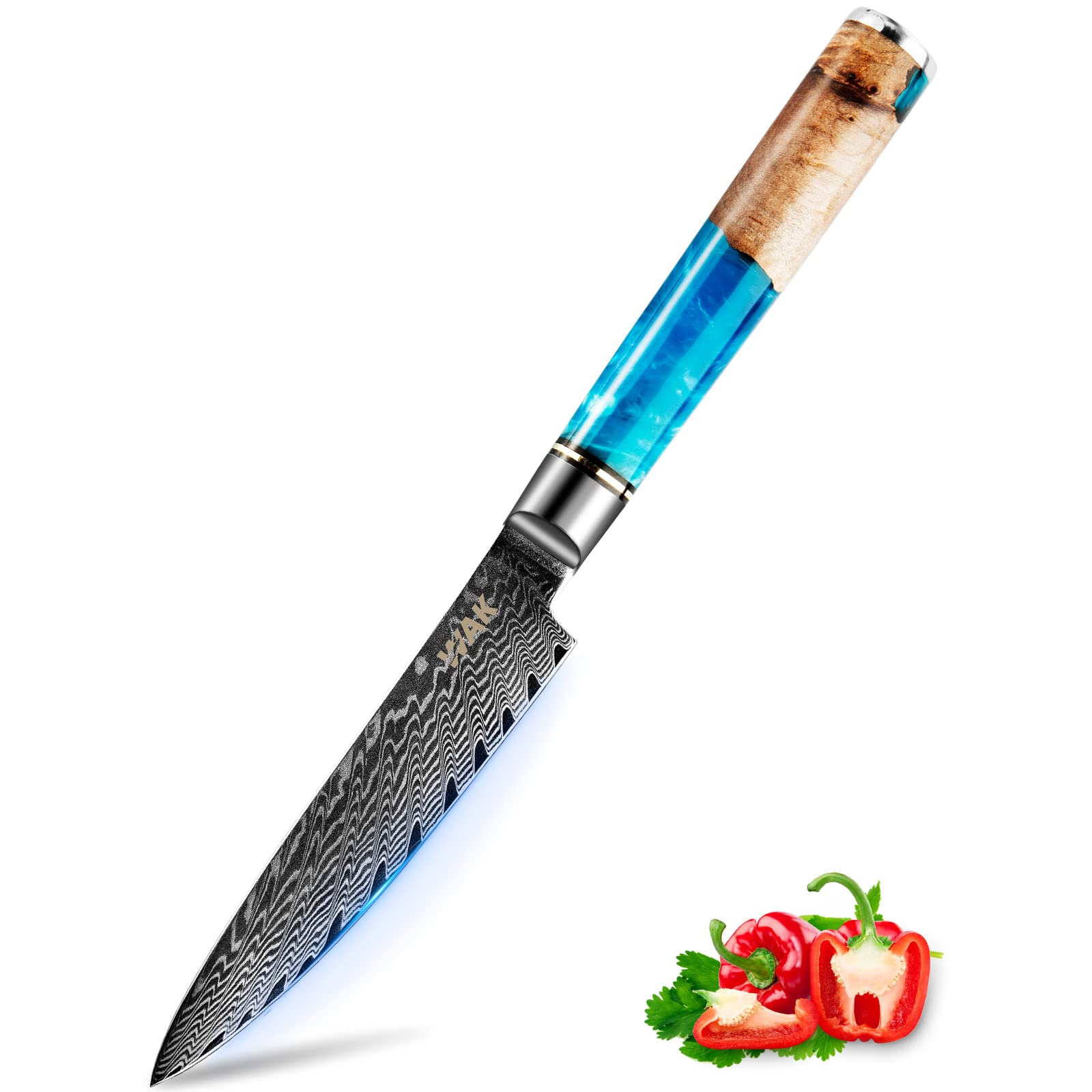 WAK Professional Sharp Kitchen Utility Knife 5 inch, High Carbon Stainless Steel Damascus Cooking Knife, Japanese Cutlery Knife with Non-stick Blade, Blue Resin Wood Ergonomic Handle
