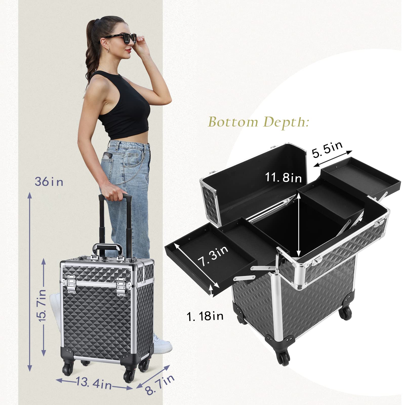 Mecucasi Rolling Makeup Train Case Large Cosmetic Trolley Organized Aluminum Barber Case for Hairstylist Makeup Nail Tech Salon with Keys Swivel Wheels Traveling Cart Trunk - Black