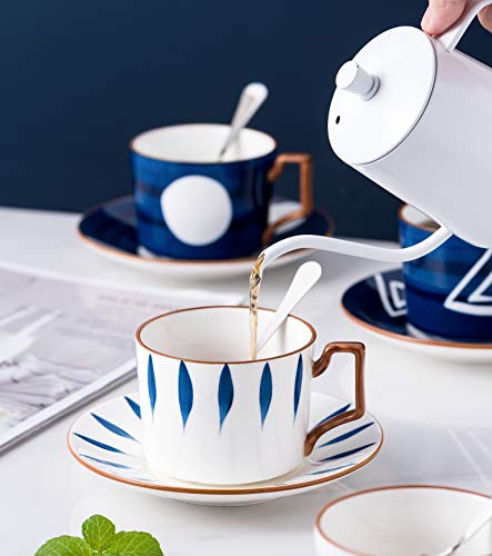 Jusalpha Japanese style hand printed- 7oz Fine China Tea Cup/Coffee Cup With Spoon and Tray/Saucer Set, Tableware, Serve of 4, TCS25