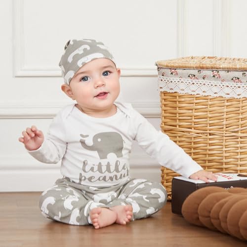 Rarjuiey 3Pcs Newborn Baby Boy Girl Elephant Outfits Long Sleeve Little Peanut Romper Bodysuit+Pants+Hat