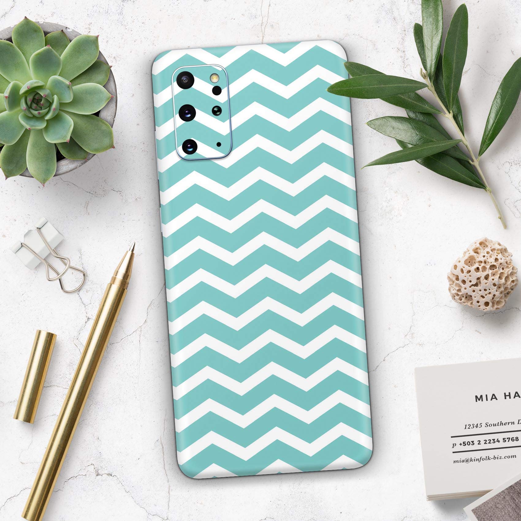 DesignSkinz White and Teal Chevron Stripes Protective Vinyl Decal Wrap Skin Cover Compatible with The Samsung Galaxy S20 (Screen Trim & Back Glass Skin)