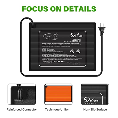 Simple Deluxe 6 X 8 Inch 8W Reptile Heating Pad Under Tank Heater Terrarium Warmer Heat Mat for Amphibians and Reptiles Pet, Black