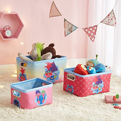 Idea Nuova DreamWorks Trolls 3 Piece Nestable Rectangular Storage Bins with Grommet Handles for Organizing Toys, Games, Clothes in Nursery, Playroom, Bedroom, Bathroom