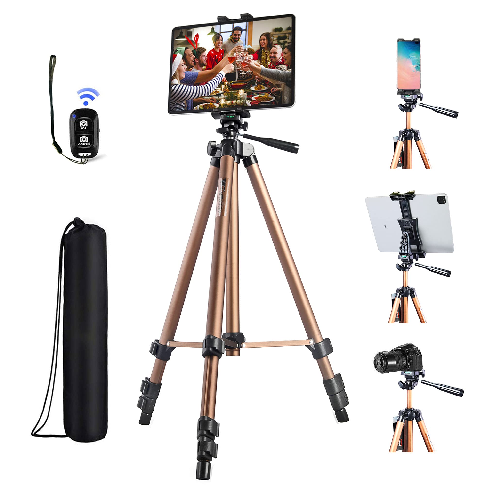 IPad Tripod Stand Universal Tablet Phone Mount Holder 51in Lightweight with Bluetooth Remote for iPad Pro 12.9 11 10.5,iPad Air Mini,Surface Tab,Galaxy Tab and 3.5 to 13.5in iPhone Tablet - Champagne