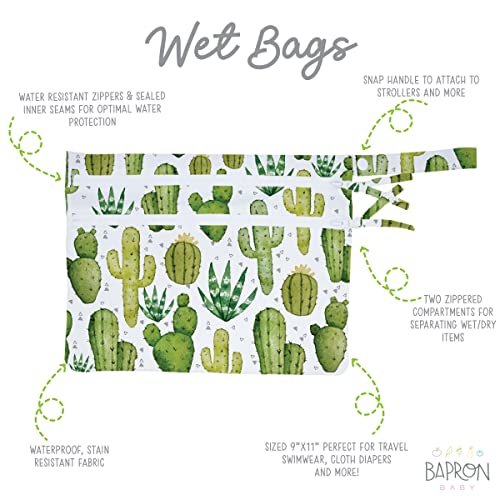 BapronBaby Desert Cactus Wet Dry Bag - Waterproof Two Zipper Pockets - Reusable for Mealtime, Diapers, Stroller, Snacks, Swimsuits - Machine Washable - 11" x 9"