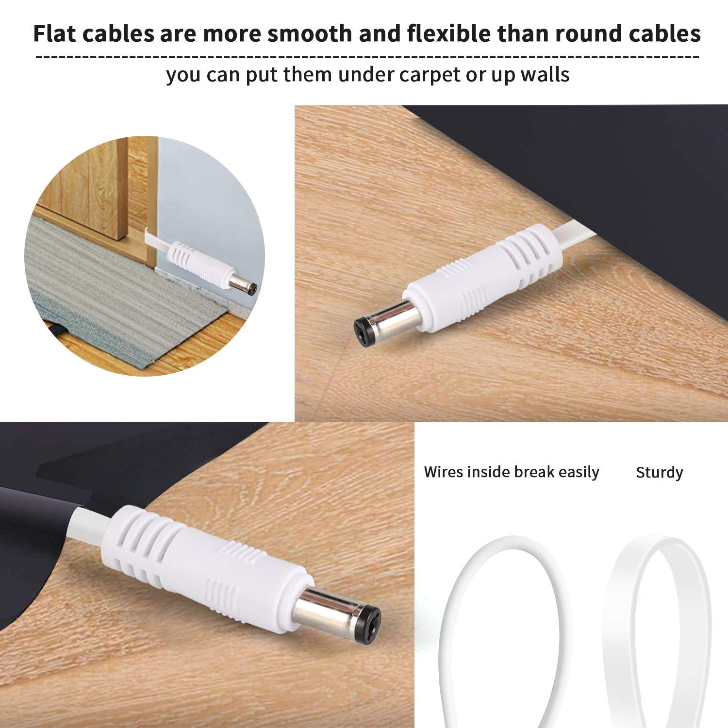 3 Pack DC Power Extension Cable 20ft 2.1mm x 5.5mm Compatible with 12V DC Adapter Cord for CCTV IP Camera, LED, Car - White