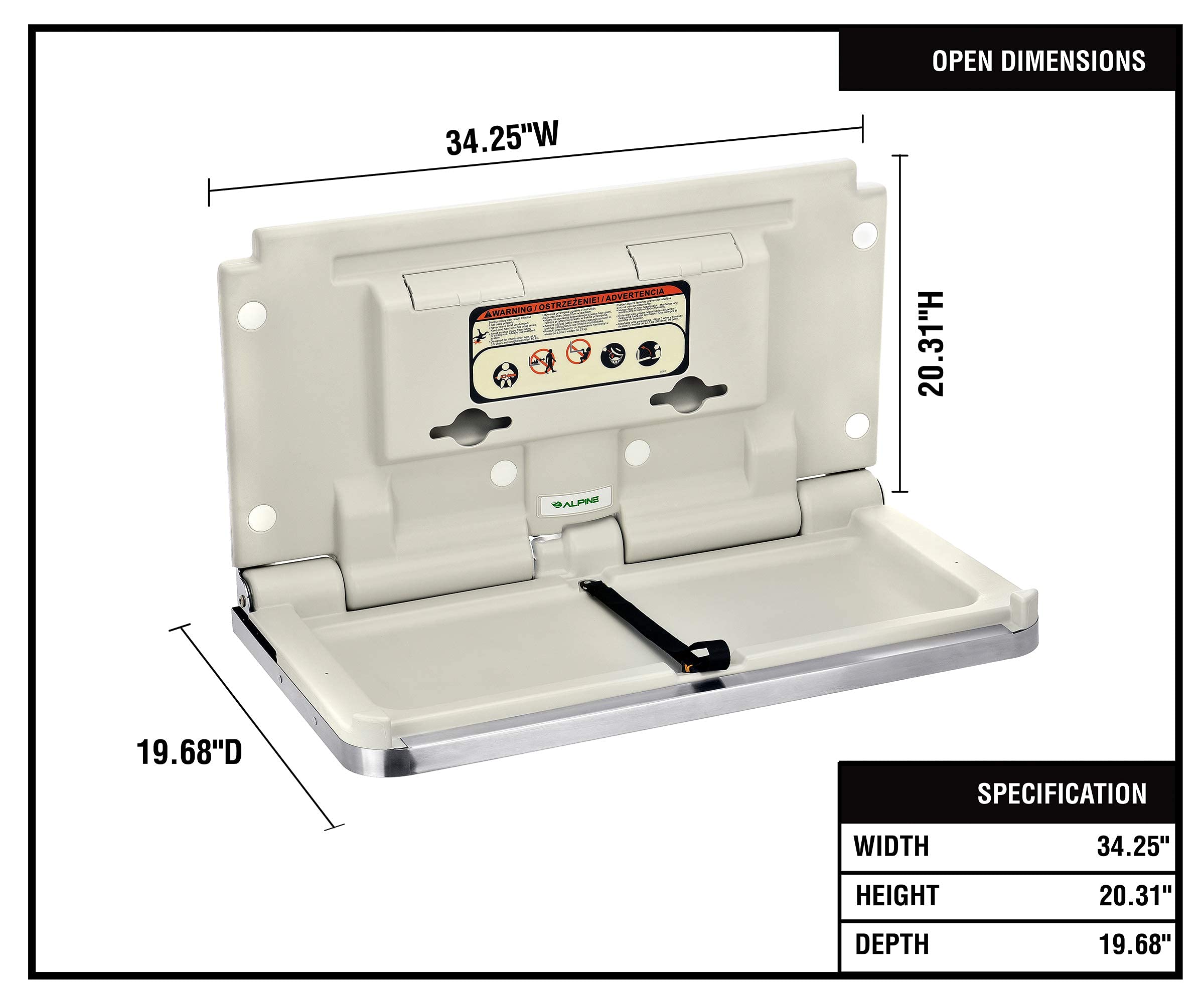 Alpine Industries Wall Mounted Baby Changing Station - Horizontal Fold Down Diaper Changing Table with Safety Strap - Ideal for Commercial Bathrooms