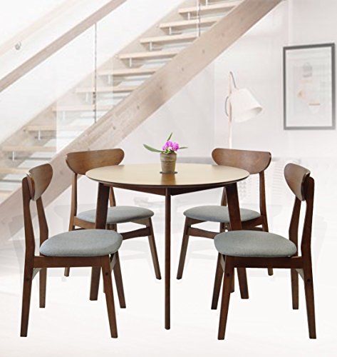 SK New Interiors Dining Room Set of 4 Yumiko Chairs and Round Dining Table Kitchen Modern Solid Wood w/Padded Seat, White Color with Light Gray Cushion