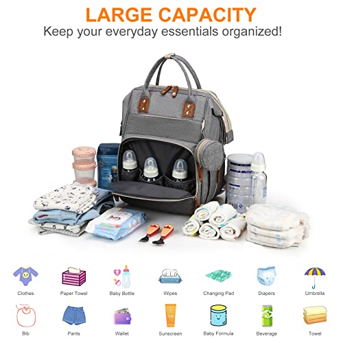 Milecan Diaper Bag Backpack, Unisex Baby Nappy Bags with Changing Pad, Pacifier Case & Stroller Straps&USB Charging Port, Multifunction Waterproof Travel Back Pack for Moms Dads, Grey