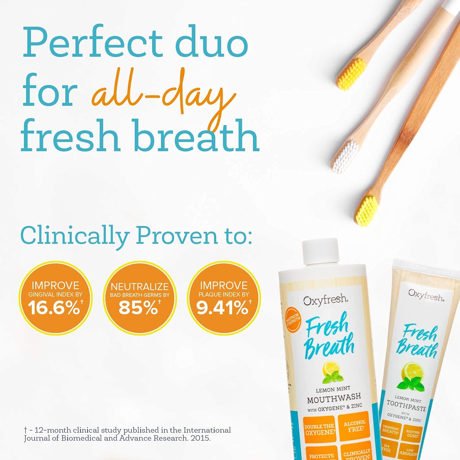Oxyfresh Premium Fresh Breath Lemon Mint Mouthwash 16 oz. + Bad Breath Lemon Mint Toothpaste 5oz. | Fluoride Free | Alcohol Free | Dye Free | Made w/Zinc & Xylitol