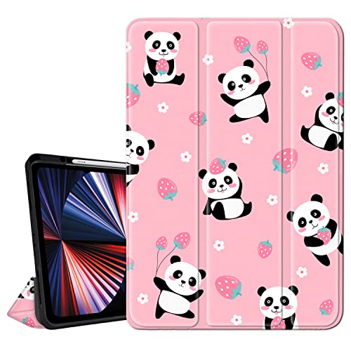 Hepix iPad Pro 12.9 Case 6th Generation 2022 Panda 2021 2020 2018 5th 4th 3rd Gen Cace with Pencil Holder for Kids Cute Strawberry Pink Protective Case Cover Auto Sleep Wake for A2764 A2437 A2766