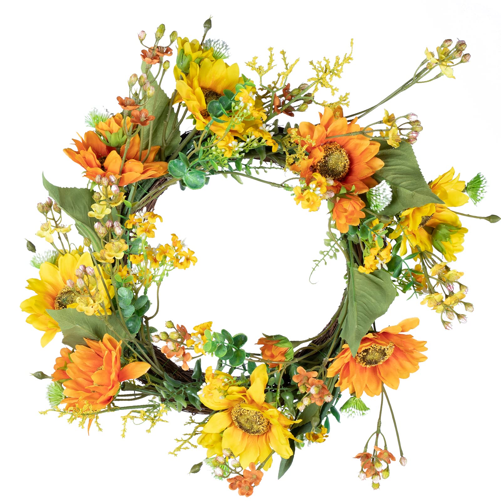 20 Inch Welcome Wreath for Front Door, Artificial Sunflower Garland Wreath Frame Welcome Sign with 8 Flowers and 8 Buds for Home Porch Garden Farmhouse Festival Decorations