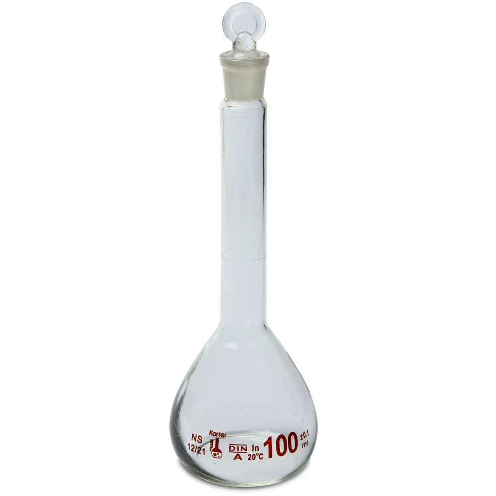100ml Volumetric Flask, 3.3 Boro Glass, Class A, Ground Stopper, Karter Scientific 213W5 (Pack of 2)