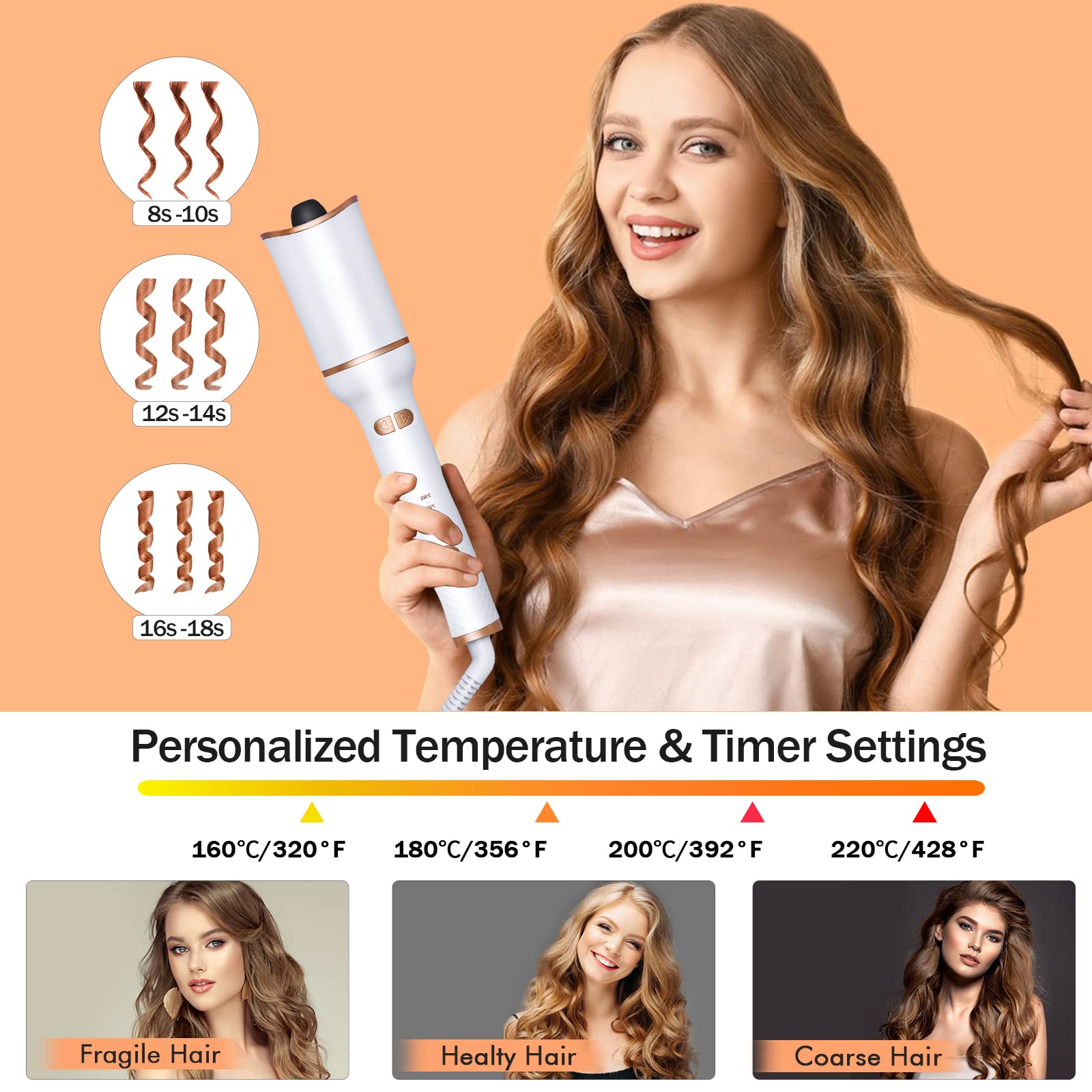 1" Large Rotating Barrel 4 Temperatures up to 428℉ & 3 Timers Professional Auto Hair Curler, Fast Heating PTC Ceramic Automatic Curling Iron Wand, Auto Shut-Off Spin Iron for Hair Styling