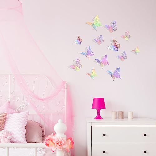 48Pcs 3D Butterfly Wall Stickers Laser Silver Butterfly Decors 4 Styles 3 Sizes Removable Butterfly Decorations Perfect for Birthday Wedding Party Classroom Girls Bedroom Decor