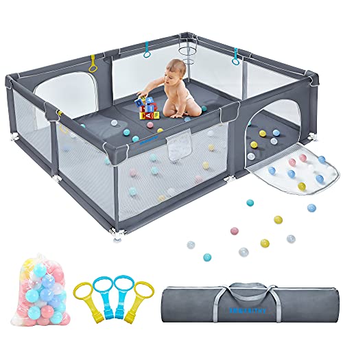 Baby Playpen, 78" x 62" x 26" Playpen for Babies and Toddlers, Indoor & Outdoor Kids Activity Center, Sturdy Safety Play Yard with Soft Breathable Mesh, Dark Grey (Including 50 Ocean Balls)