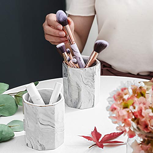 2 Pack Ceramic Pen Holder Stand,Cup for Desk Marble Pattern Makeup Brush Holder for Girls Women,Desk Accessories Holder,Durable Desktop Organizer Pencil Holder Pot Ideal Gift for Office Home (Gray)
