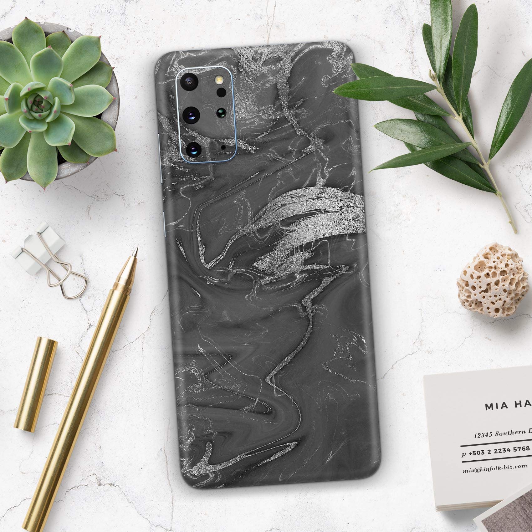 DesignSkinz Black & Silver Marble Swirl V7 Protective Vinyl Decal Wrap Skin Cover Compatible with The Samsung Galaxy S20 (Screen Trim & Back Glass Skin)