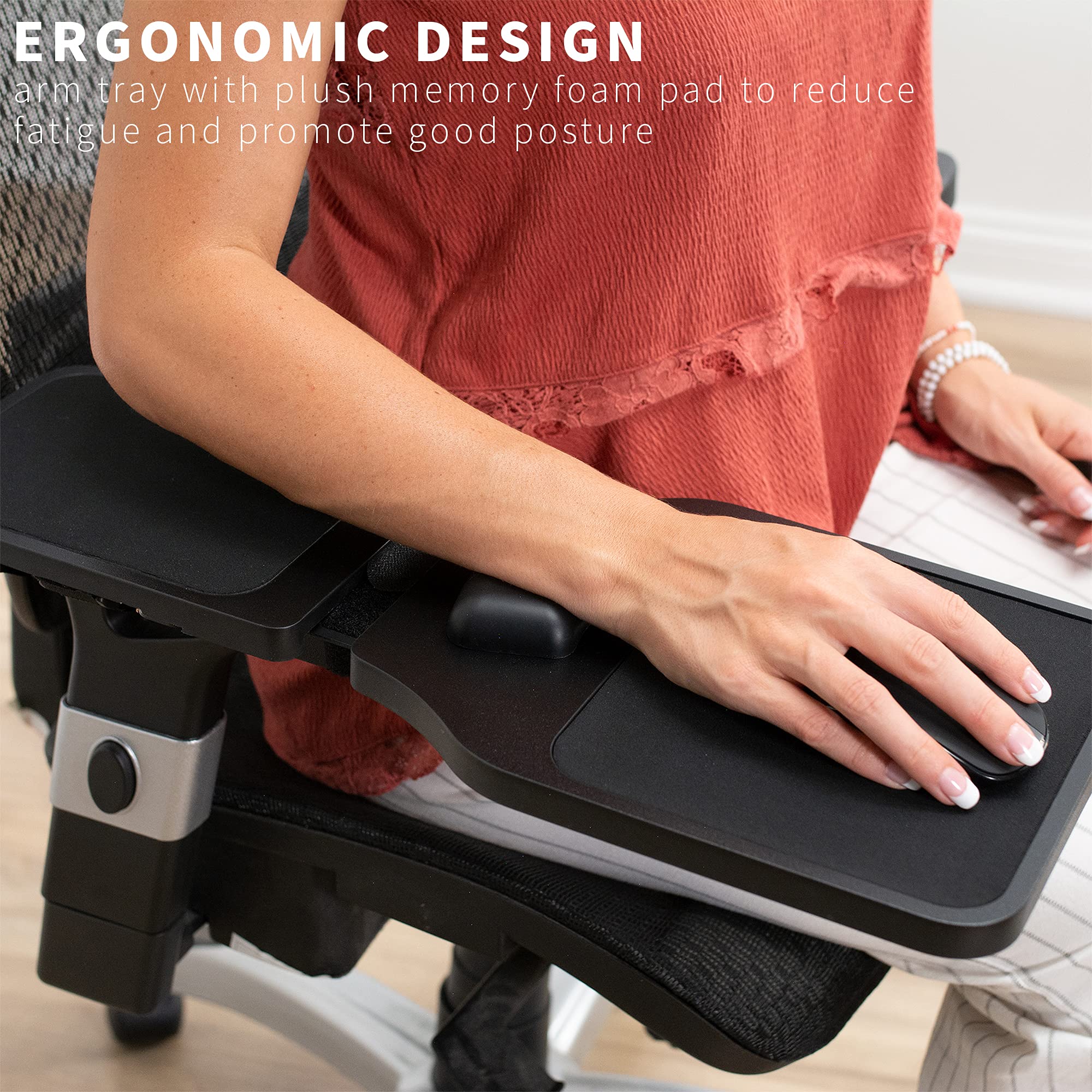 VIVO Wood Arm Rest Mouse Pad with Wrist Cushion, Adjustable Length Support Platform Tray, Chair Attachment Extension with Straps, Black, MOUNT-MS02D