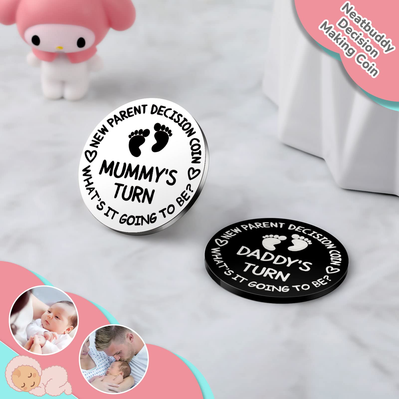 Hicarer 2 Pieces Fun New Parents Decision Coin Double Sided Decision Making Coin New Baby Pregnancy Gift for First Time Mommy Daddy Push Present for Christmas Thanksgiving Sliver and Black