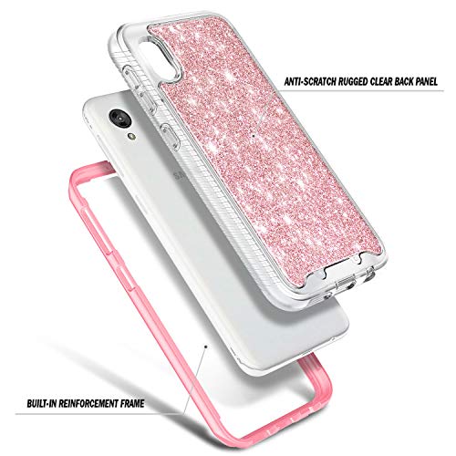 NZND Case for Motorola Moto E6 with Built-in Screen Protector, Full-Body Protection Bumper Shockproof Protective, Impact Resist Durable Cute Phone Case Cover -Glitter Shiny Bling Rose Gold