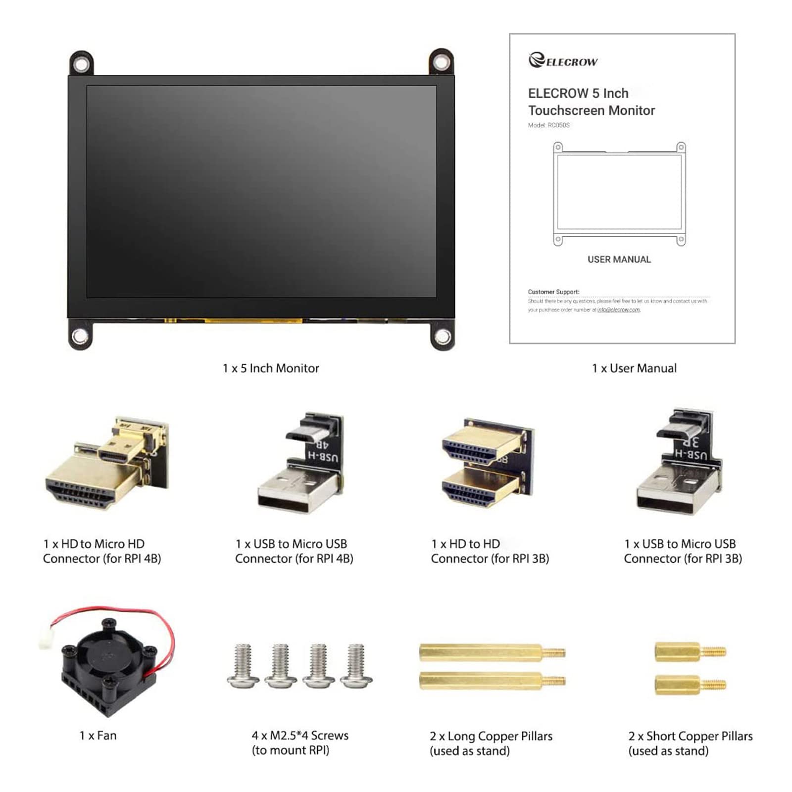 ELECROW 5 Inch Monitor for Raspberry Pi Touchscreen Monitor with Speaker LCD Display for Raspberry Pi 5 4 3 Windows PC HDMI-Compatible & USB Powered Travel Monitor for Laptop Black