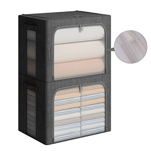 2 Pack Clothes Storage Bins - Foldable Metal Frame Storage Box with Mesh Windows - Stackable Linen Fabric Organizer Set with Carrying Handles