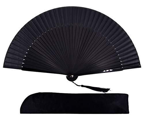 Amajiji 8.27"(21cm) Hand Held Bamboo Silk Folding Fan Hand Fan,Chinese/Japanese Charming Elegant Vintage Retro Style,Women Ladys Girls Best Gifts (Black)