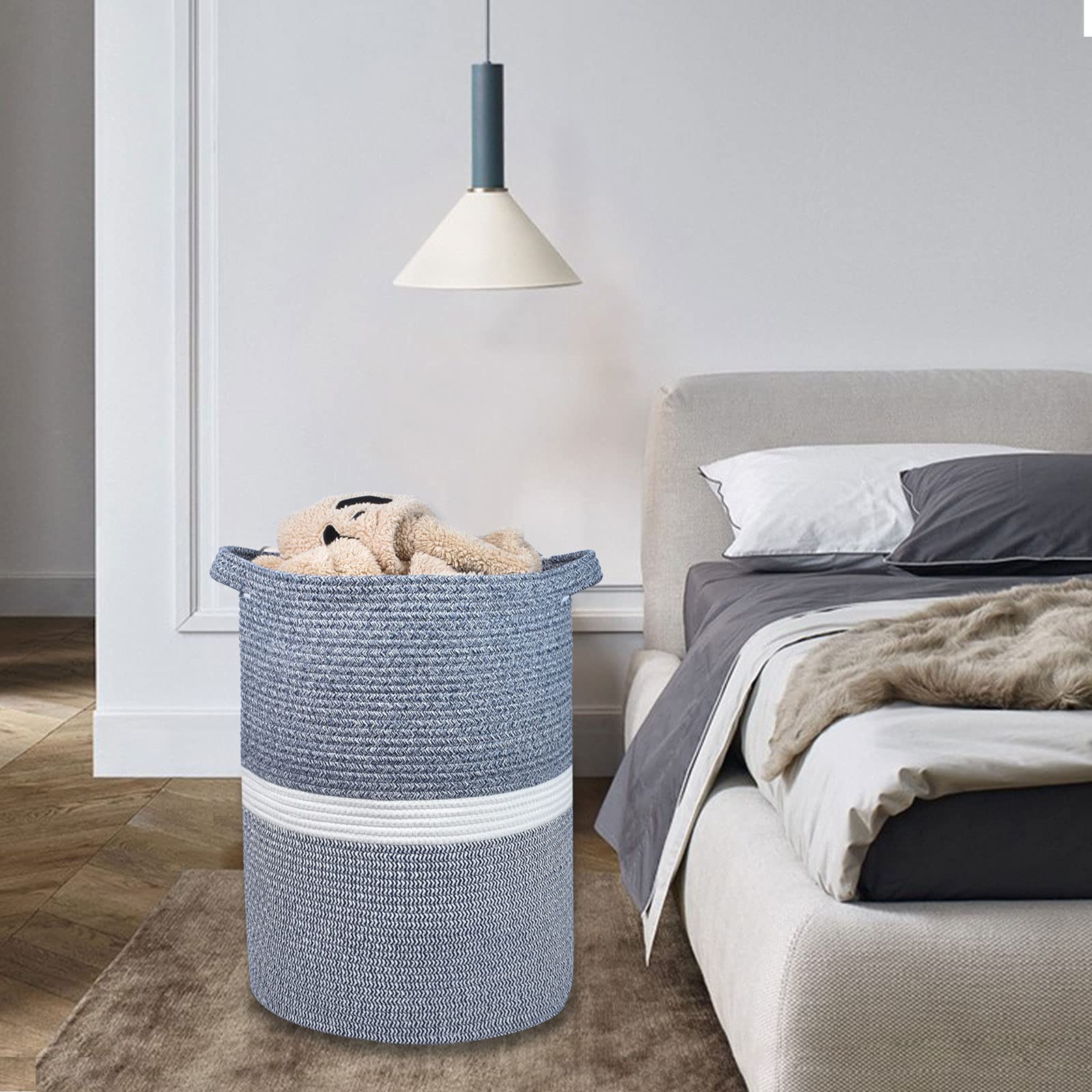 BOSROTY Large Blanket Basket, Tall Laundry Basket 72L, Nursery Hamper, Laundry Hamper, Clothes Basket Laundry, Large Storage Basket, Cotton Rope Basket, Toy Basket, 16”x 22”,Blend Navy Blue & White