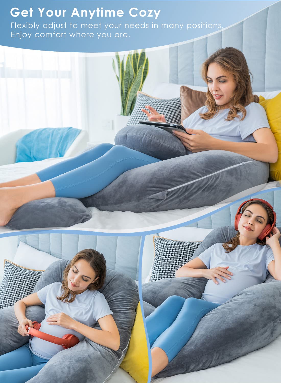 QUEEN ROSE Pregnancy Pillow, U Shaped Body Pillow for Sleeping, Maternity Pillows with Detachable Pillow for Side Sleepers Support, Grey Velvet Cover