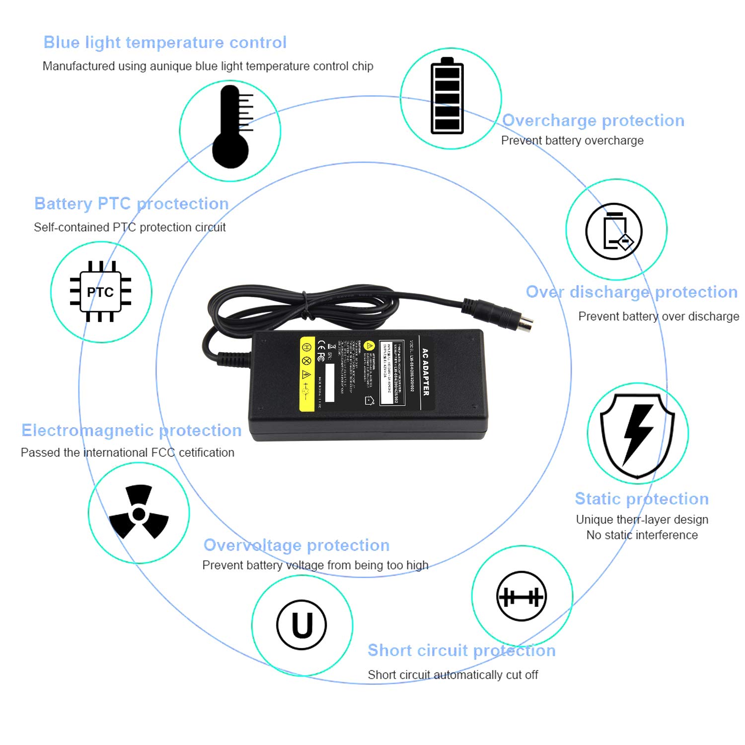 42V 2A Ninebot Electric Scooter Charger (Round RCA Connector Charger) for Bird Scooter, Lime, Lime-S, Spin, Skip, Xiaomi M365, Segway ES1 ES2 ES4 Electric Scooter for 36V Li-ion Battery