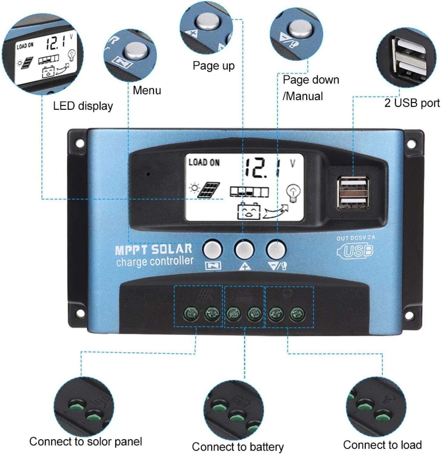 100A MPPT Solar Charge Controller,12V 24V Solar Panel Battery Intelligent Regulator with LCD Display Dual USB,Multiple Load Control Modes Adjustable LCD Display