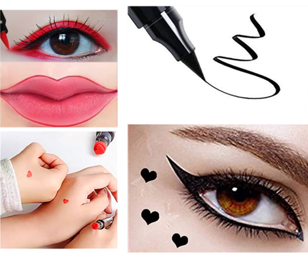 Go Ho 2 PCS Waterproof Liquid Eyeliner Stamps,Double-side Black&Red Smudge-proof Eye Liner,Heart Stamp Eyeliner for Harley Costume Makeup,Long-lasting Love Tattoo Tools for Valentines Day