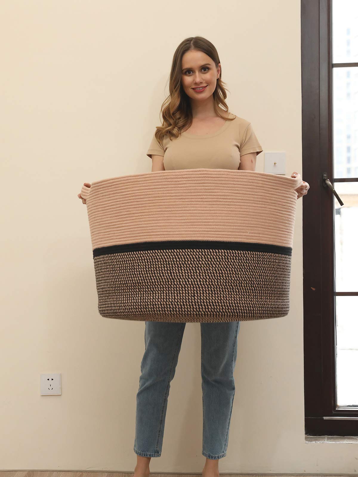 24" x 24" x 17" Max Size Large Cotton Rope Basket, Extra Large Storage Basket, Woven Laundry Hamper, Cloth Storage Bin, for Blankets Clothes Towels Pillows in Living Room, Beige Red/Black Mix