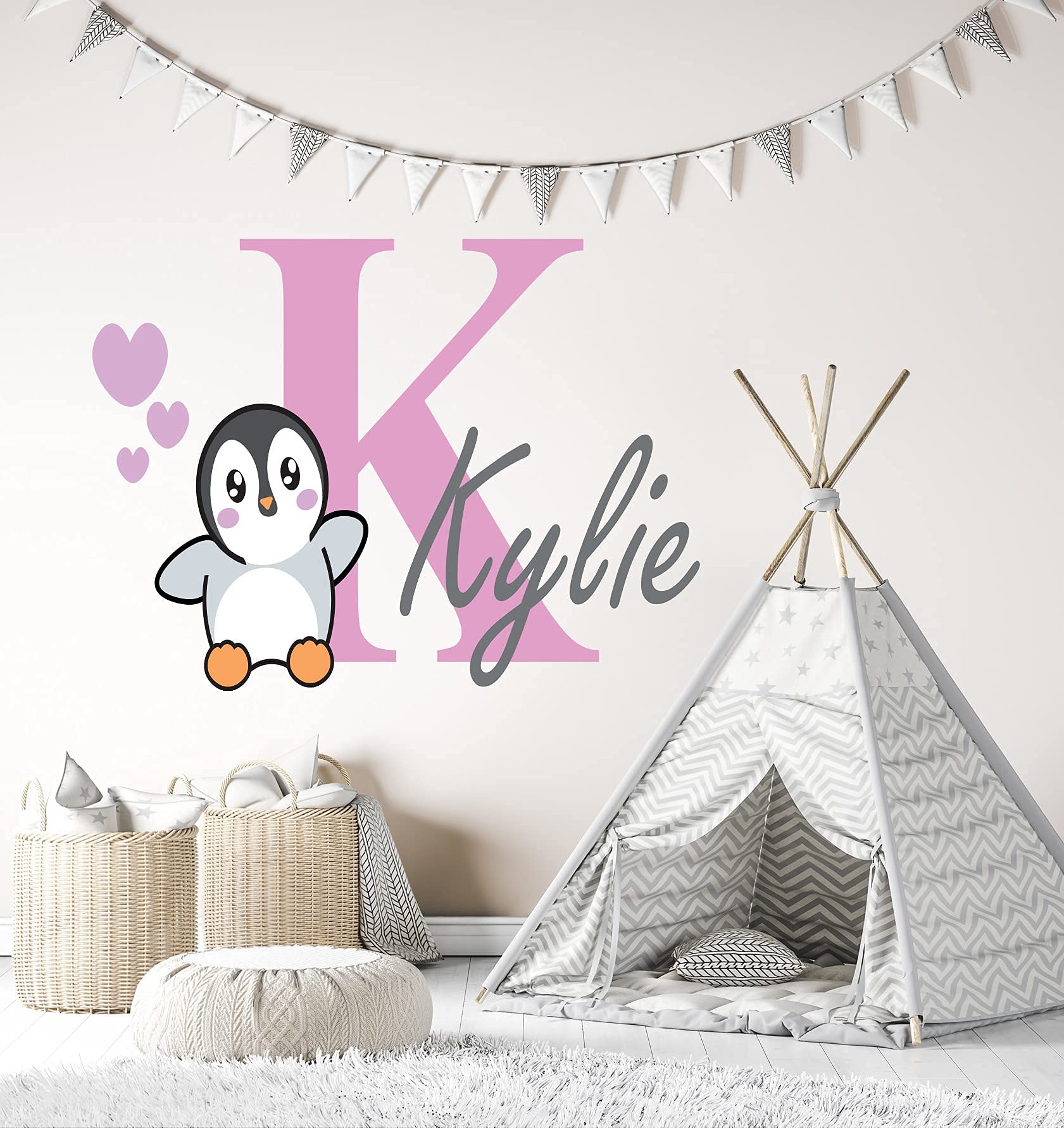 CuteDecals Love Penguin Custom Name - Personalize Penguin Name Wall Art - Unisex Wall Decal for Nursery Playroom Bedroom Decoration (Wide 16Inx9In Height)