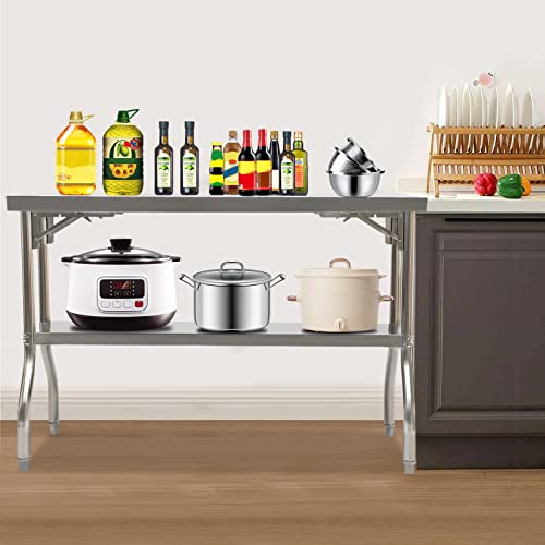 2-Layer Stainless Steel Table Metal Work Table for Kitchen Prep Utility Commercial Worktable Workstation 48 * 24 * 33.5 Inch Folding Commercial Prep Table, Heavy-Duty Stainless Steel Folding Table