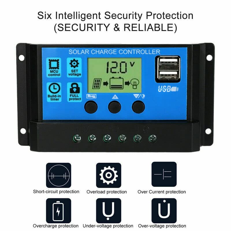 100A Solar Charge Controller, Solar Panel Battery Intelligent Regulator with Dual USB Port 12V/24V, Multi-Function Adjustable LCD Display Street Light Controller (Blue)