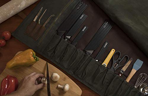 Asaya Waxed Canvas Knife Roll - 15 Knife Slots, Card Holder and Large Zippered Pocket - Genuine Leather, Cloth and Brass Buckles - for Chefs and Culinary Students - Knives Not Included