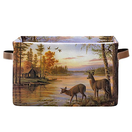 Rectangular Storage Bin Cube Forest Animal Deer Tree River Foldable Organizer Basket with Handles, Collapsible Storage Box for Kids Toy Shelf Closet Nursery