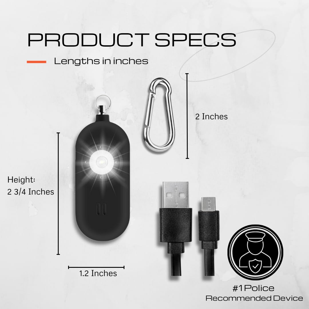 Spartan Defense Rechargeable Personal Safety Alarm for Women. 130dB Siren. Ear-Piercingly Loud w/ Flashing LED Strobe Light Siren Keychain
