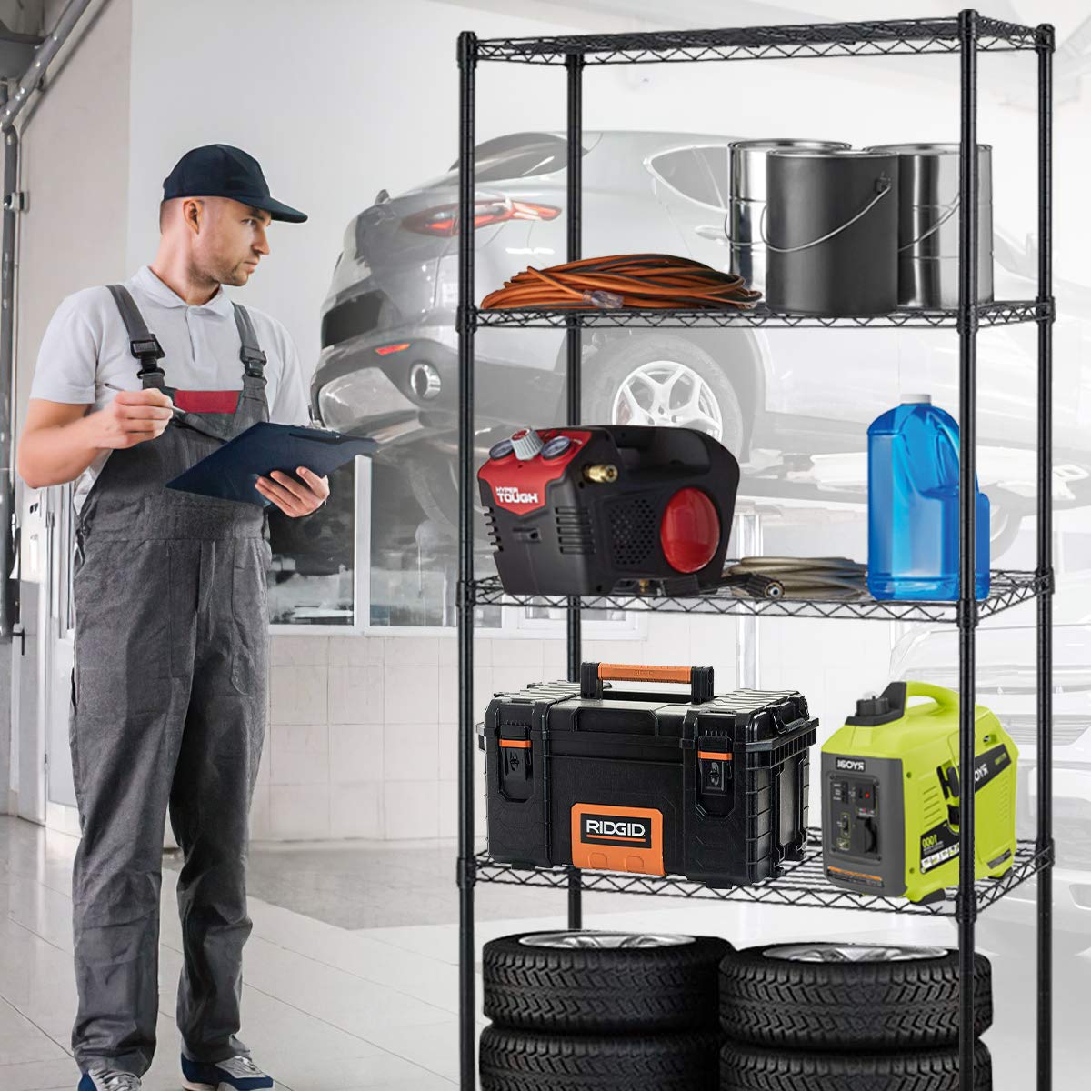 Storage Metal Shelf 5 Tier Wire Shelving Unit Standing Shelf Units Heavy Duty Garage Shelving with Feet Levelers 1250Lbs Capacity Adjustable Commercial Shelving Kitchen Rack, Black
