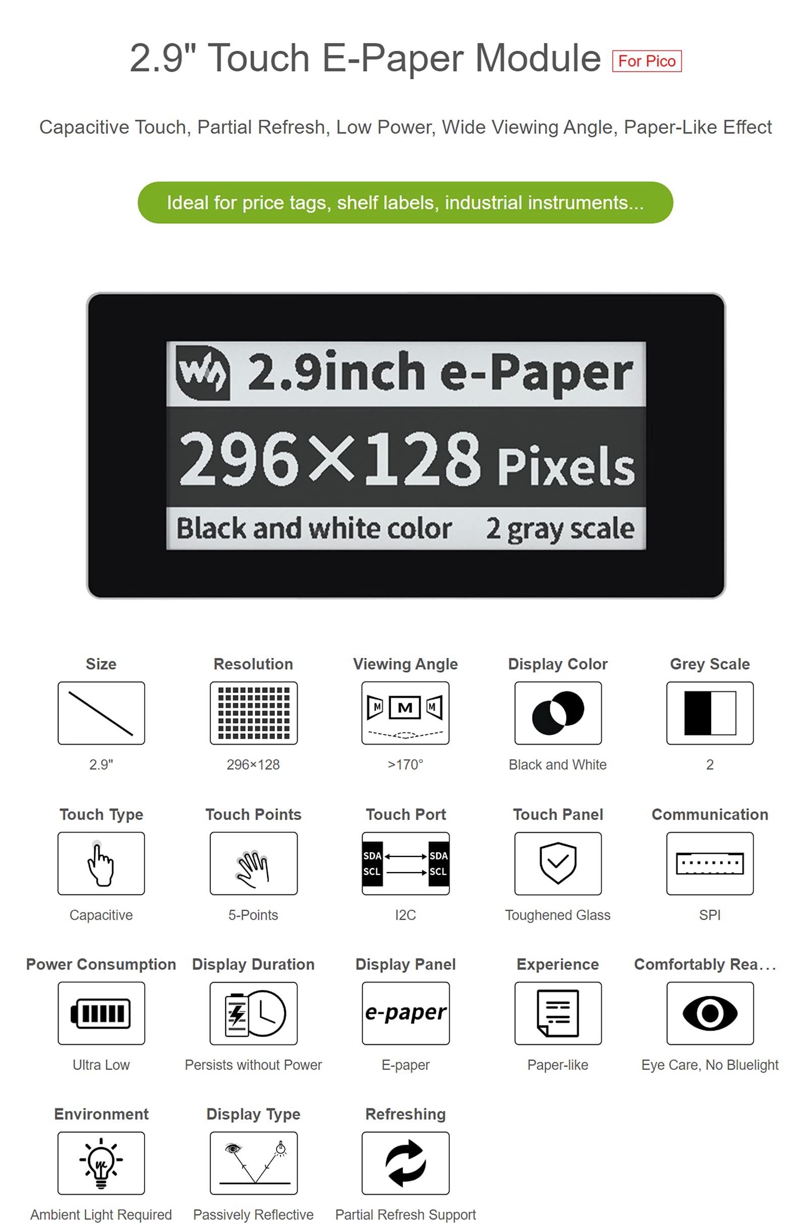 2.9 Zoll e-Paper Touch Display für Raspberry Pi Pico 296×128 E-Ink Touchscreen Anzeigemodul Zweifarbig Schwarz/Weiß 3.3V Unterstützung 5-Punkte-Touch SPI / I2C-Schnittstelle Teilaktualisierung