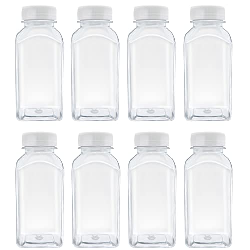 8 Pcs 8 Ounce Plastic Juice Bottles, Reusable Bulk Beverage Containers for Juice, Milk and Other Beverages, White lid