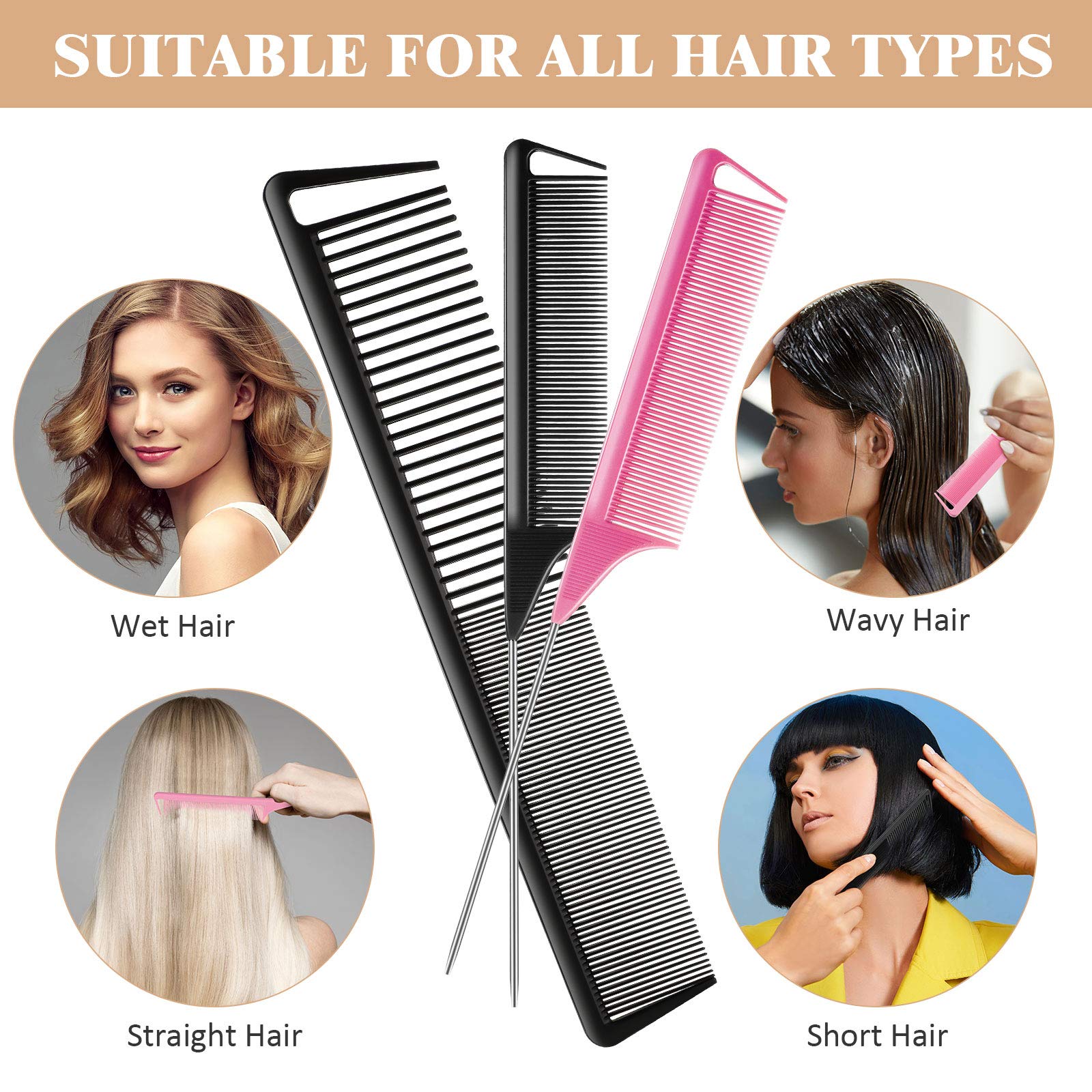 3 Pieces Carbon Fiber and Stainless Steel Hair Combs Set - Pintail, Teasing, and Parting Combs with Wide and Fine Teeth for Braids, Hair Salon, and Home Use, Black