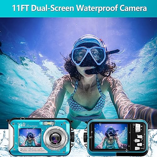 4K Waterproof Camera 11FT Underwater Camera with 32GB Card 48MP Autofocus Selfie Dual-Screen Underwater Cameras for Snorkeling, Waterproof Compact Digital Camera 1250mAh Battery(Blue)