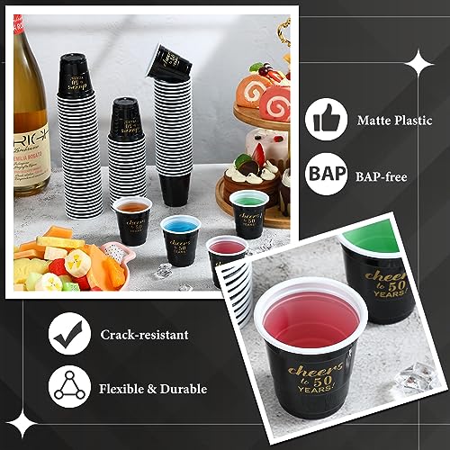 100 Pcs 2 oz Black Birthday Cups Plastic Stadium Cups Cheers to 30 40 50 60 Years Party Decorations Disposable Shot Cups for Men Women Anniversary Drinking Supplies(50 Years)