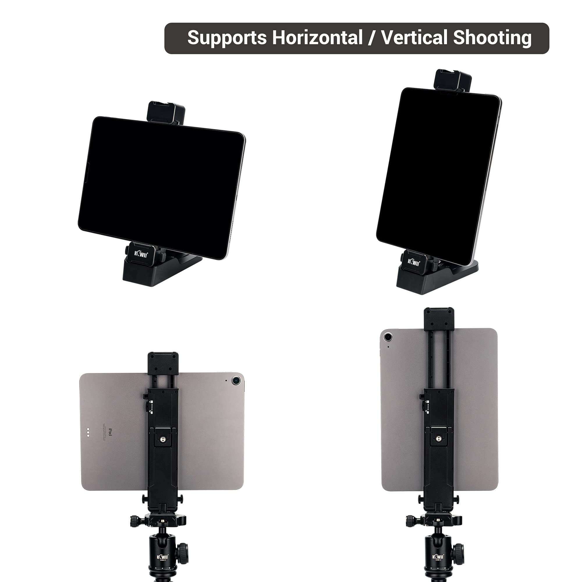 2 in 1 Versatile Tablet Tripod Mount and Desktop Stand, Tablet Tripod Clamp Holder with Cold Shoe for iPad Pro Air Mini, Fire Tablets, Samsung Galaxy Tabs to be Used on Tripod, Selfie Stick & Desk