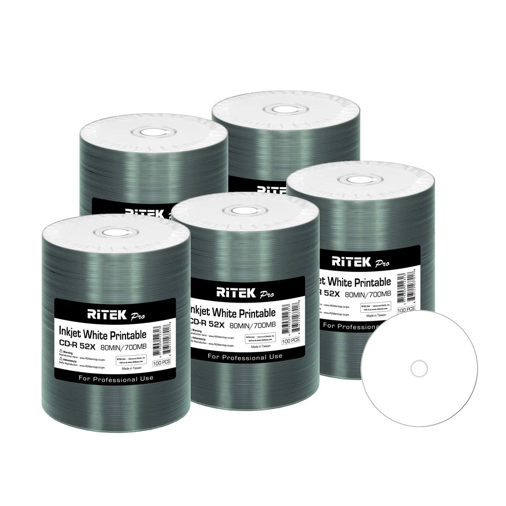 500 Pack Ritek Pro (Professional Grade) CD-R 52X 700MB White Inkjet Hub Printable Blank Media Recordable Disc
