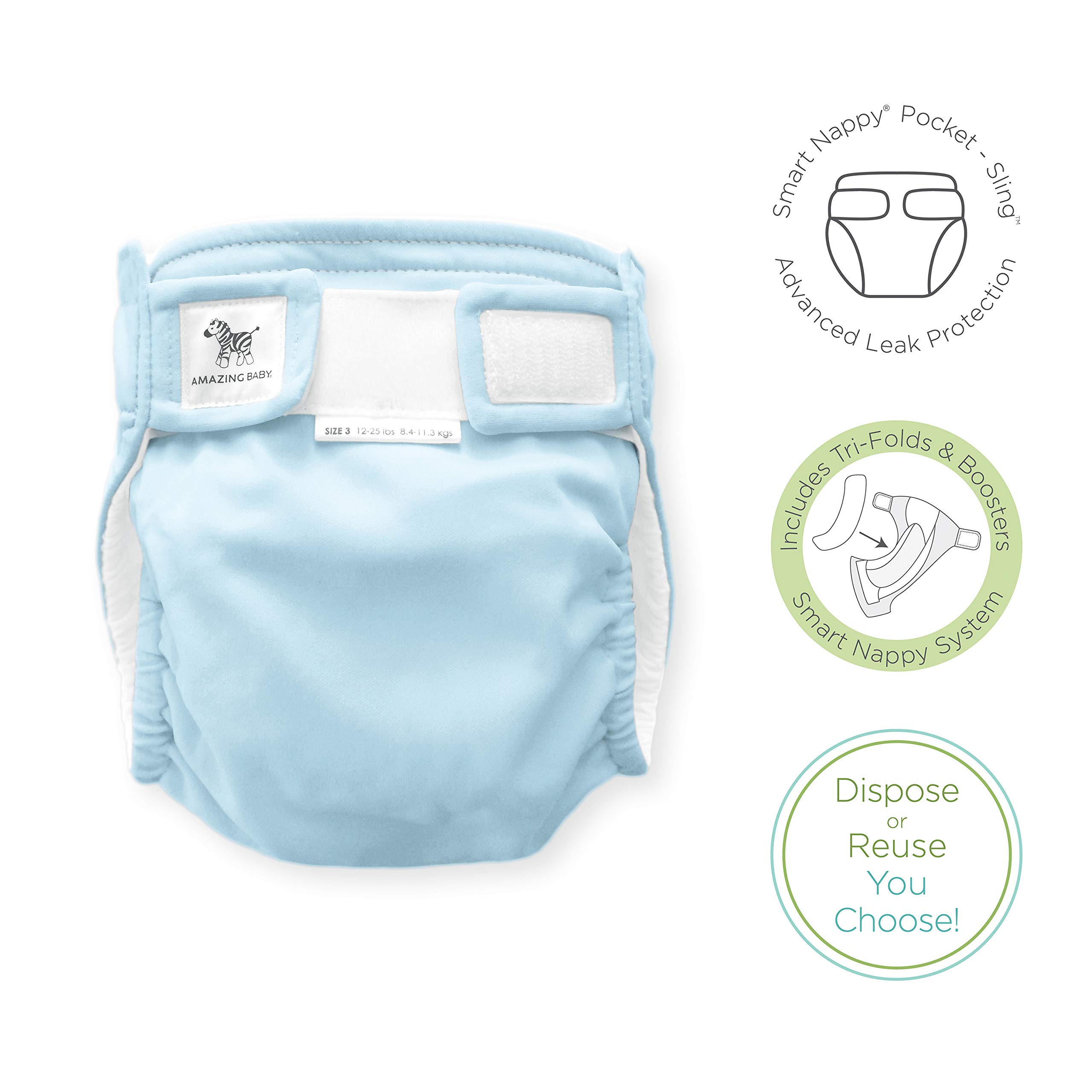 Amazing Baby Hybrid Cloth Diaper Cover/Swim Diaper, Med, Sz 3 (12-25 lbs), Use Boosties Disposable or Reusable Inserts, Pastel Blue, SmartNappy Set: Cover + Tri-Fold + Booster Pad