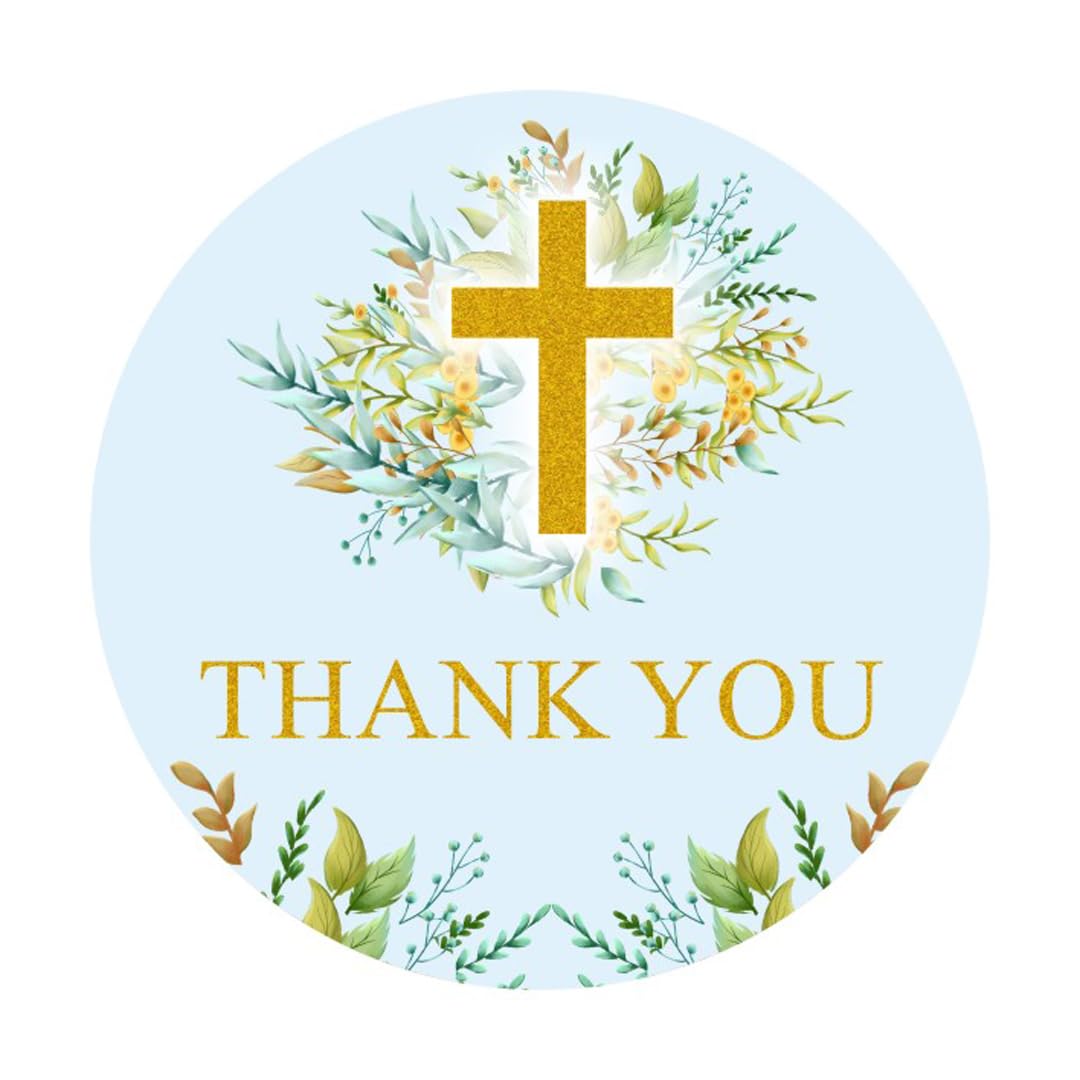 50 Pack of 2" Round Cross Thank You Stickers Labels Candy Sticker Labels for First Holy Communion Religious Party (Blue)